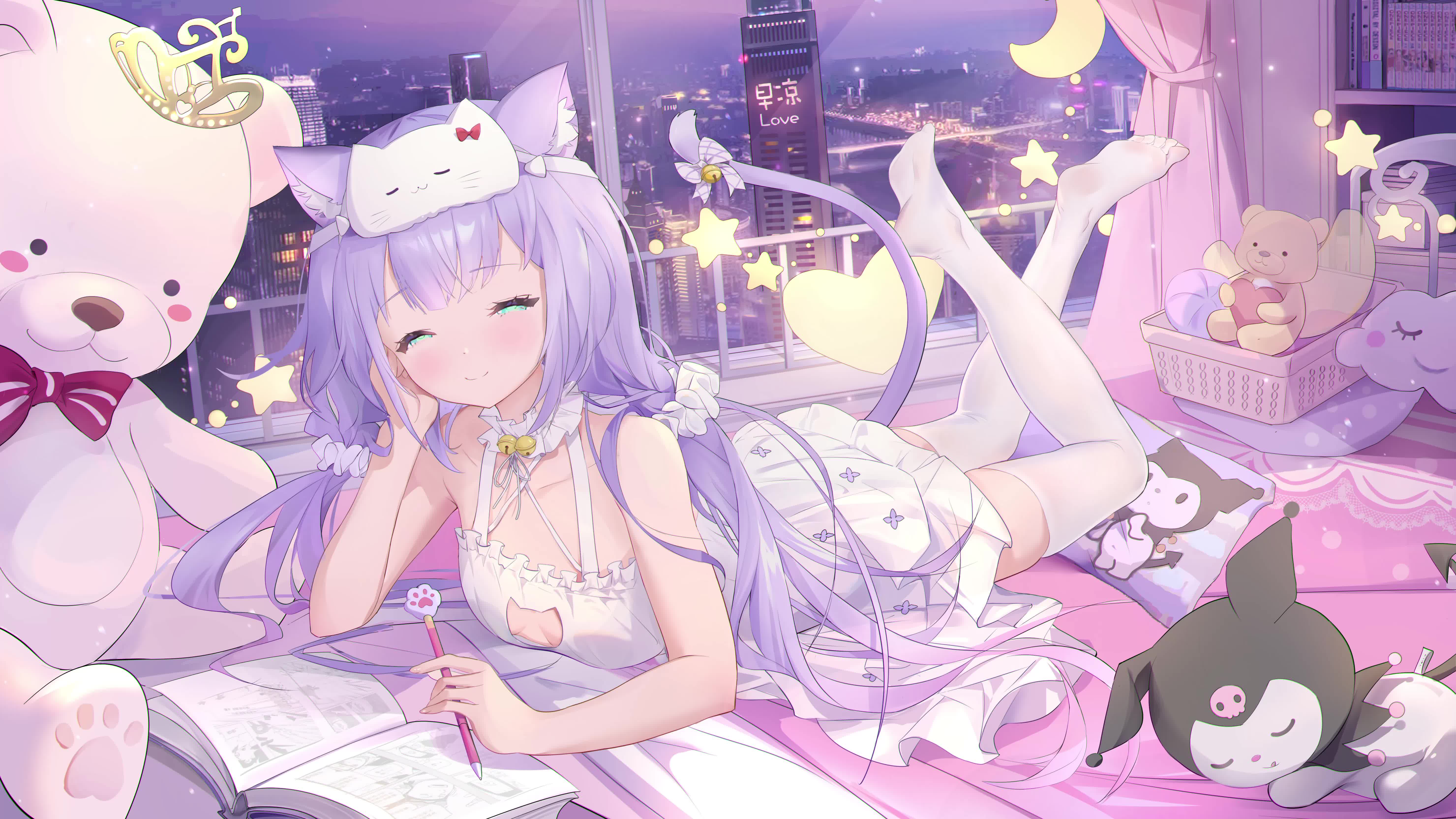 Cat Girl Lying Down On The Bed Live Wallpaper | 3840x2160