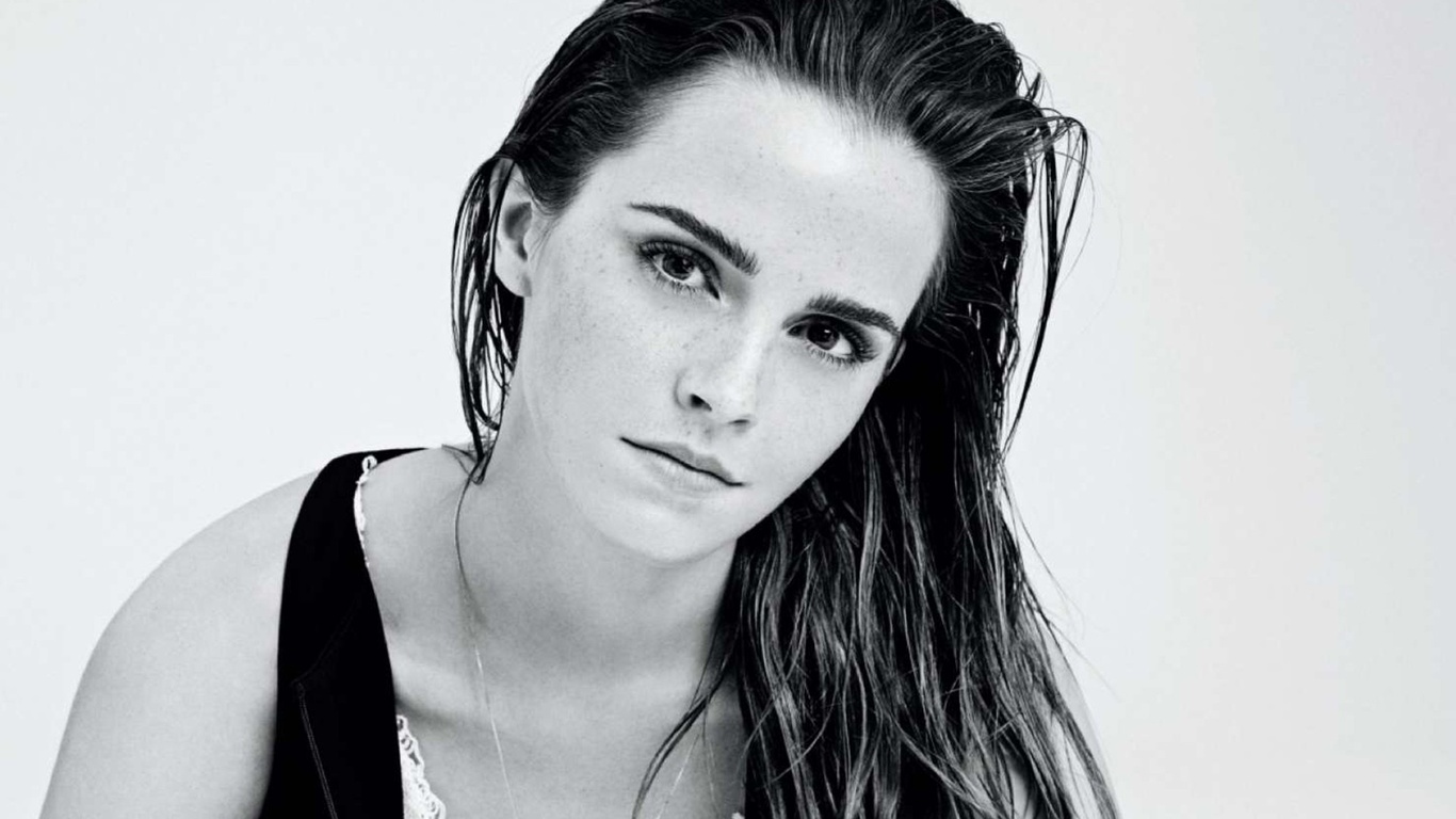 Women Freckles Long Hair Looking At Viewer Monochrome Emma Watson