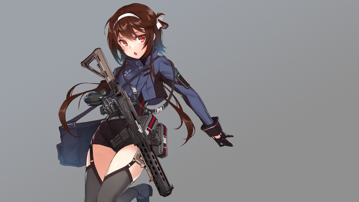 brunette, stockings, anime, red eyes, rifles, tactical, Type 79 (Girls ...