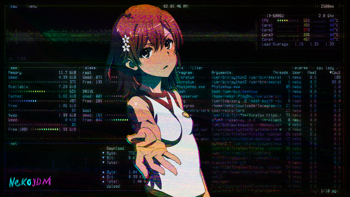 To Aru Kagaku no Railgun, bpytop, anime girls, Linux, Misaka Mikoto ...