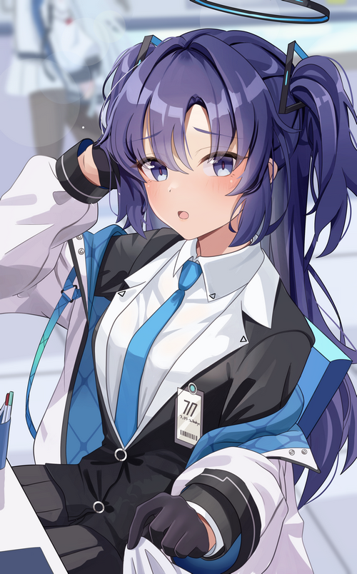 maid, Hayase Yuuka, lifting dress, smiling, maid outfit, Blue Archive, bow tie, blushing, purple ...