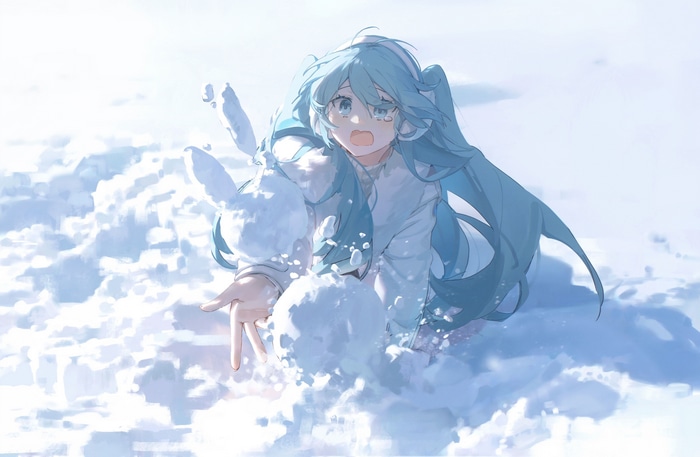 4K, Vocaloid, winter, rabbits, coats, twintails, ear muffs, tears, snow ...