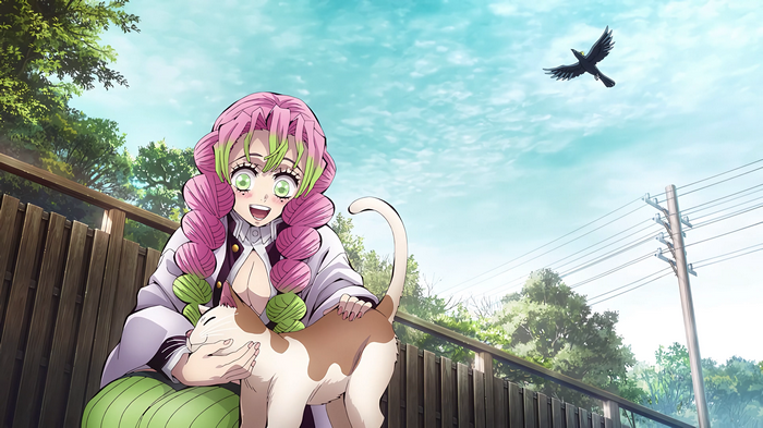 4K, sky, clouds, Kimetsu no Yaiba, trees, cats, animals, Mitsuri ...