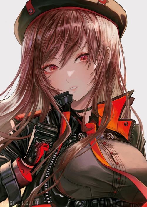 4K, brunette, hat, gloves, red eyes, solo, choker, military uniform, Rapi, text, Nikke: The ...