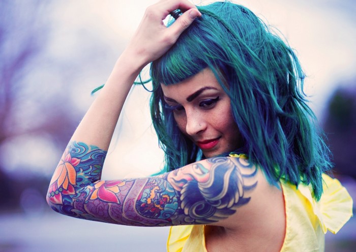 1002811 Face Colorful Women Model Dyed Hair Nose Rings Blue Hair