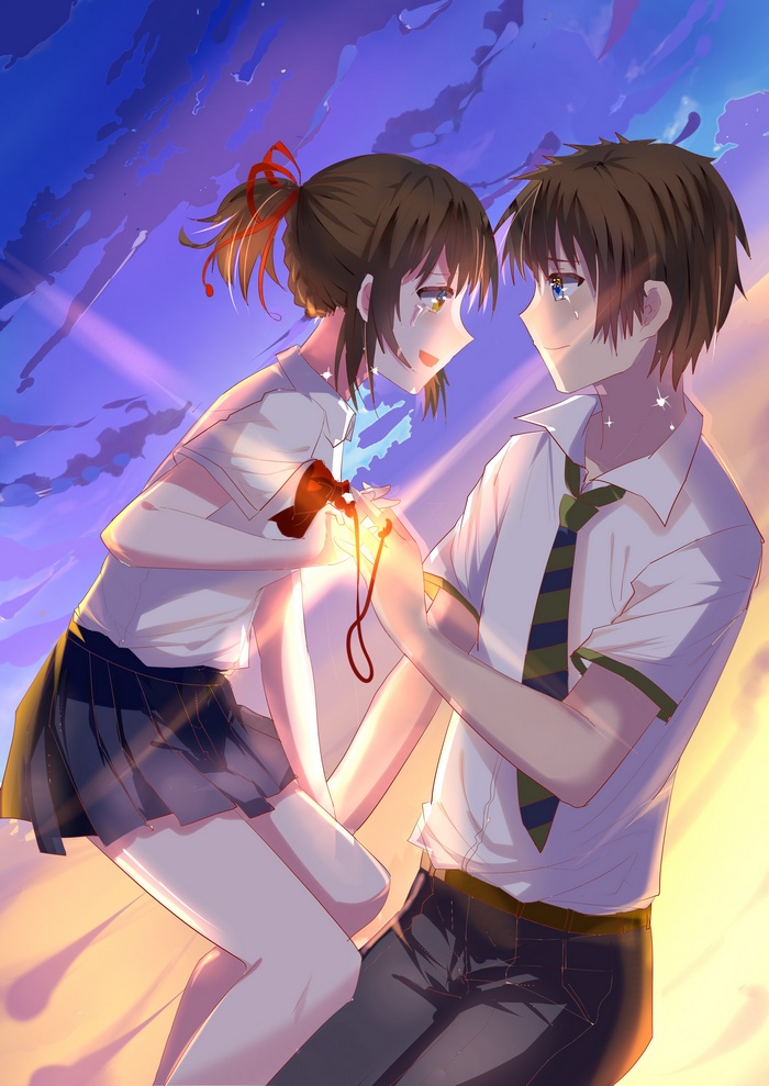 Miyamizu Mitsuha Short Hair Tachibana Taki Anime Girls Kimi No Na Wa Anime Crying Skirt
