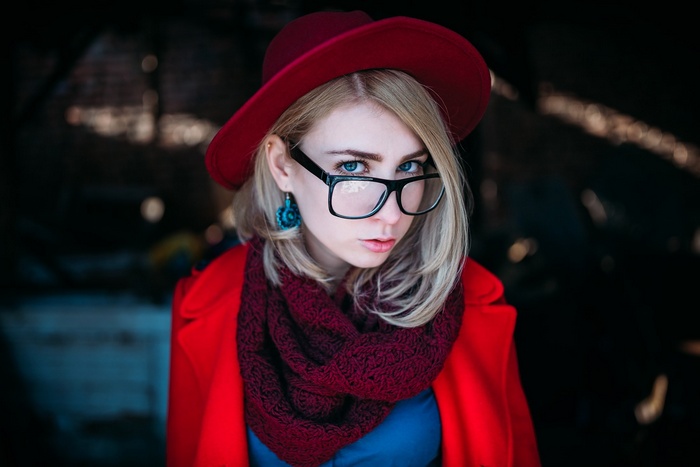Blonde Hat Face Women Glasses Scarf Portrait Looking At Viewer