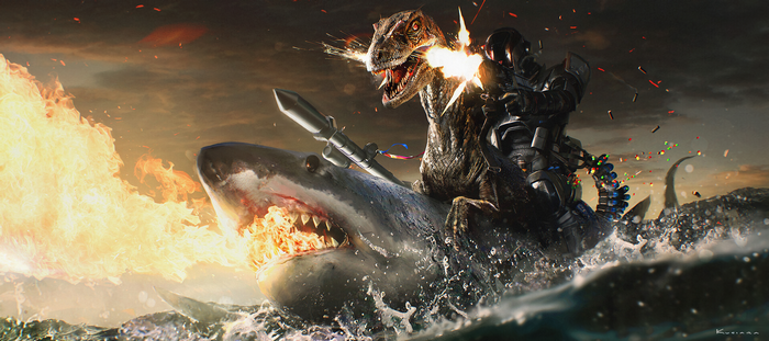 gun, fire, dinosaurs, raptor, bullet, cyborg, water, animals, cyberpunk ...